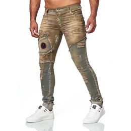 Slim-fit-Jeans KINGZ Gr. S, Länge 34, grün (grün, blau), Herren, 70% Baumwolle, 27% Polyester, 3% Elasthan, Batikmuster, Jeans, in lässigem Design