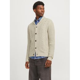 Jack & Jones Strickjacke JACK & JONES "JJCRAIG KNIT SHAWL NECK AW24" Gr. L, grau (white melange) Herren Strickjacken mit Schalkragen und Zopfmuster