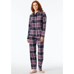 Pyjama Schiesser ""Selected Premium Warming"" Gr. 38, blau (804, nachtblau) Damen Homewear-Sets mit klassischem Karomuster