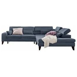 Ecksofa Gallery M BRANDED BY MUSTERRING "Felicia L-Form" Sofas Gr. B/H/T: 309cm x 69cm x 215cm, Flachgewebe FLORIS, Ottomane rechts, mit motorischem Sitzvorzug, blau (deep ocean floris) mit Holzfuß, wahlweise manuellem oder motorischem Sitzvorzug