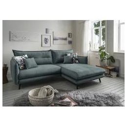 Ecksofa Inosign "Lazio" Sofas Gr. B/H/T: 255cm x 94cm x 180cm, Veloursstoff, Recamiere rechts, blau (ocean, zierkissen blumenmuster) zwei verschiedene Fußfarben wählbar