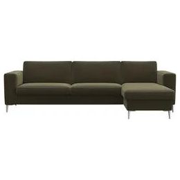 Ecksofa FLEXLUX "Fiore, super Sitzkomfort durch Kaltschaum im Sitz, L-Form" Sofas Gr. B/H/T: 262cm x 85cm x 92cm, Velvet, Chaiselongue rechts, grün (moss green) breite Armlehnen, Füße Alu