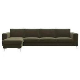 Ecksofa FLEXLUX "Fiore, super Sitzkomfort durch Kaltschaum im Sitz, L-Form" Sofas Gr. B/H/T: 295cm x 85cm x 159cm, Velvet, Chaiselongue links, grün (moss green) breite Armlehnen, Füße Alu