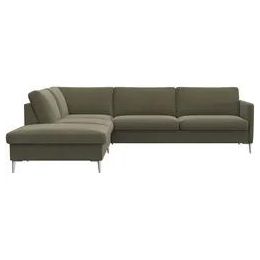 Ecksofa FLEXLUX "Fiore, L-Form" Sofas Gr. B/H/T: 266cm x 85cm x 225cm, Struktur, Ottomane links, grün (moss green) schmale Armlehnen, Kaltschaum, Füße Alu