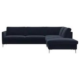 Ecksofa FLEXLUX "Fiore, L-Form, bequem und komfortabel durch hochwertigem Sitzaufbau" Sofas Gr. B/H/T: 266cm x 85cm x 225cm, Velvet, Ottomane rechts, blau (royal blau) schmale Armlehnen, Kaltschaum, Füße Alu