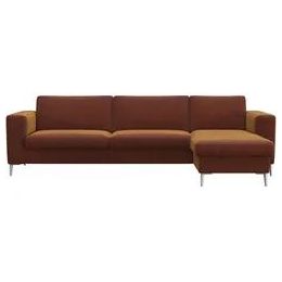 Ecksofa FLEXLUX "Fiore, super Sitzkomfort durch Kaltschaum im Sitz, L-Form" Sofas Gr. B/H/T: 262cm x 85cm x 92cm, Velvet, Chaiselongue rechts, braun (cognac) breite Armlehnen, Füße Alu