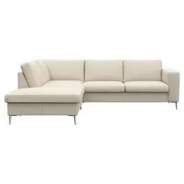 Ecksofa FLEXLUX "Fiore, L-Form" Sofas Gr. B/H/T: 241cm x 85cm x 225cm, Echtleder, Ottomane links, weiß (warm weiß) breite Armlehnen, Füße alufarben, BT 241225 cm, Kaltschaum im Sitz