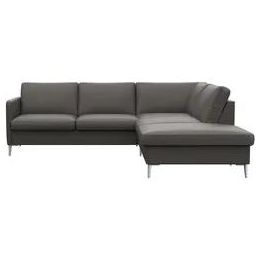 Ecksofa FLEXLUX "Fiore, L-Form" Sofas Gr. B/H/T: 241cm x 85cm x 225cm, Echtleder, Ottomane links, grau (warm mineral) breite Armlehnen, Füße alufarben, BT 241225 cm, Kaltschaum im Sitz