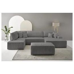 Wohnlandschaft Andas "FINNLEY U-Form XXL 329 cm, Schlafsofa, Schlaffunktion m. Bettkasten" Sofas Gr. B/H/T: 329cm x 85cm x 195cm, Cord, Ottomane rechts-langer Schenkel links, grau (anthrazit) (194139 cm), Bouclé, Struktur und Cord