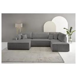 Wohnlandschaft Andas "FINNLEY U-Form XXL 329 cm, Schlafsofa, Schlaffunktion m. Bettkasten" Sofas Gr. B/H/T: 329cm x 85cm x 195cm, Cord, Ottomane links-langer Schenkel rechts, grau (anthrazit) (194139 cm), Bouclé, Struktur und Cord