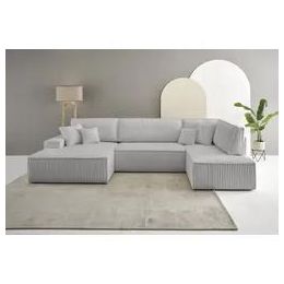 Wohnlandschaft Andas "FINNLEY U-Form XXL 329 cm, Schlafsofa, Schlaffunktion m. Bettkasten" Sofas Gr. B/H/T: 329cm x 85cm x 195cm, Cord, Ottomane links-langer Schenkel rechts, grau (194139 cm), Bouclé, Struktur und Cord