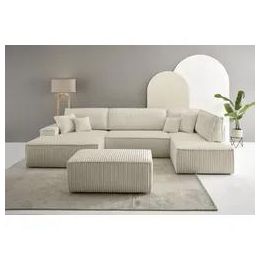 Wohnlandschaft Andas "FINNLEY U-Form XXL 329 cm, Schlafsofa, Schlaffunktion m. Bettkasten" Sofas Gr. B/H/T: 329cm x 85cm x 195cm, Cord, Ottomane links-langer Schenkel rechts, beige (creme) (194139 cm), Bouclé, Struktur und Cord