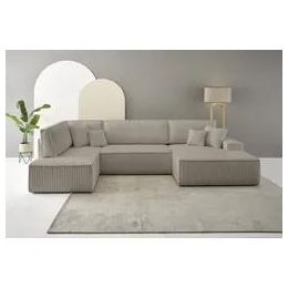 Wohnlandschaft Andas "FINNLEY U-Form XXL 329 cm, Schlafsofa, Schlaffunktion m. Bettkasten" Sofas Gr. B/H/T: 329cm x 85cm x 195cm, Cord, Ottomane rechts-langer Schenkel links, grau (taupe) (194139 cm), Bouclé, Struktur und Cord