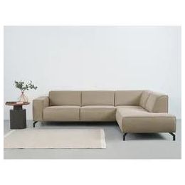 Ecksofa Places of Style "Lorcan" Sofas Gr. B/H/T: 275cm x 77cm x 210cm, Struktur weich, Ottomane rechts, grau (taupe) mit schwarzen Metallfüßen, Lederoptik und in weichem Strukturstoff