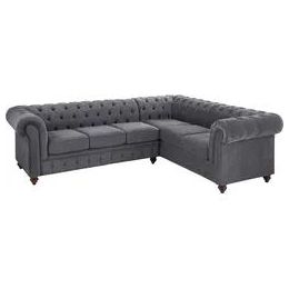 Chesterfield-Sofa Home Affaire "Chesterfield Ecksofa, auch in Leder L-Form" Sofas Gr. B/H/T: 250cm x 74cm x 210cm, Luxus-Microfaser weich, langer Schenkel links, grau (anthrazit) hochwertige Knopfheftung, langer Schenkel links oder rechts wählbar