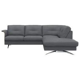 Ecksofa FLEXLUX "Glow, super bequem durch hochwertigem Sitzaufbau mit Federkern, L-Form" Sofas Gr. B/H/T: 236cm x 81cm x 224cm, Bouclé, Ottomane links, Armlehnen in Walnuss, blau (navy blue) Modernes skandinavisches Design