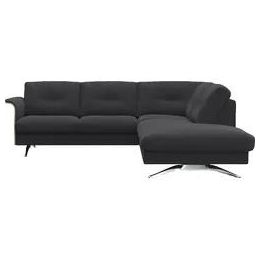 Ecksofa FLEXLUX "Glow, super bequem durch hochwertigem Sitzaufbau mit Federkern, L-Form" Sofas Gr. B/H/T: 236cm x 81cm x 224cm, Lederoptik, Ottomane links, Armlehnen in Walnuss, schwarz (gorilla black) Modernes skandinavisches Design