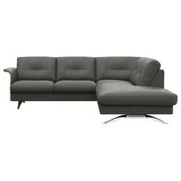 Ecksofa FLEXLUX "Glow, super bequem durch hochwertigem Sitzaufbau mit Federkern, L-Form" Sofas Gr. B/H/T: 236cm x 81cm x 224cm, Echtleder, Ottomane links, Armlehnen in Walnuss, grau (warm mineral grey) Modernes skandinavisches Design