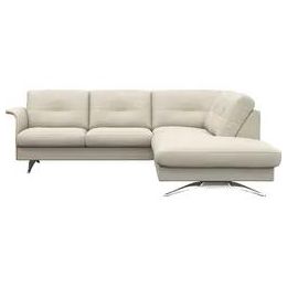 Ecksofa FLEXLUX "Glow, super bequem durch hochwertigem Sitzaufbau mit Federkern, L-Form" Sofas Gr. B/H/T: 236cm x 81cm x 224cm, Echtleder, Ottomane links, Armlehnen in Walnuss, weiß (warm white) Modernes skandinavisches Design