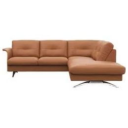 Ecksofa FLEXLUX "Glow, super bequem durch hochwertigem Sitzaufbau mit Federkern, L-Form" Sofas Gr. B/H/T: 236cm x 81cm x 224cm, Echtleder, Ottomane links, Armlehnen in Walnuss, braun (modern cognac brown) Modernes skandinavisches Design