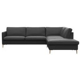 Ecksofa FLEXLUX "Fiore, super Sitzkomfort durch Kaltschaum im Sitz, L-Form" Sofas Gr. B/H/T: 266cm x 85cm x 225cm, Echtleder, Ottomane rechts, schwarz (deep black) schmale Armlehnen, Füße Alu+ Eiche