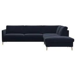 Ecksofa FLEXLUX "Fiore, super Sitzkomfort durch Kaltschaum im Sitz, L-Form" Sofas Gr. B/H/T: 266cm x 85cm x 225cm, Velvet, Ottomane rechts, blau (royal blau) schmale Armlehnen, Füße Alu+ Eiche