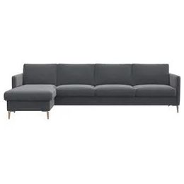 Ecksofa FLEXLUX "Fiore, super Sitzkomfort durch Kaltschaum im Sitz, L-Form" Sofas Gr. B/H/T: 280cm x 85cm x 159cm, Velvet, Chaiselongue links, grau (soft grau) schmale Armlehnen, Füße Alu+ Eiche