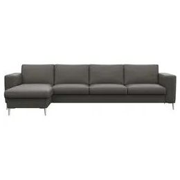 Ecksofa FLEXLUX "Fiore, super Sitzkomfort durch Kaltschaum im Sitz, L-Form" Sofas Gr. B/H/T: 295cm x 85cm x 159cm, Echtleder, Chaiselongue links, grau (warm mineral) breite Armlehnen, Füße Alu