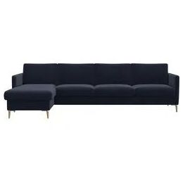 Ecksofa FLEXLUX "Fiore, super Sitzkomfort durch Kaltschaum im Sitz, L-Form" Sofas Gr. B/H/T: 280cm x 85cm x 159cm, Velvet, Chaiselongue links, blau (royal blau) schmale Armlehnen, Füße Alu+ Eiche