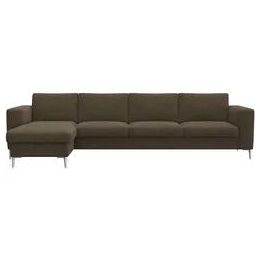 Ecksofa FLEXLUX "Fiore, super Sitzkomfort durch Kaltschaum im Sitz, L-Form" Sofas Gr. B/H/T: 295cm x 85cm x 159cm, Lederoptik, Chaiselongue links, braun (camel brown) breite Armlehnen, Füße Alu