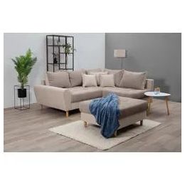 Ecksofa Home Affaire "Rice L-Form" Sofas Gr. B/H/T: 223cm x 47cm x 184cm, Material, Ottomane beidseitig montierbar, grau (taupe) mit Bonnellfederkern, Hocker & Kissen, Ottomane beidseitig montierbar