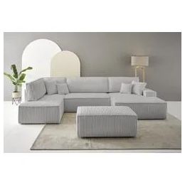 Wohnlandschaft Andas "FINNLEY U-Form XXL 329 cm, Schlafsofa, Schlaffunktion m. Bettkasten" Sofas Gr. B/H/T: 329cm x 85cm x 195cm, Cord, Ottomane rechts-langer Schenkel links, grau (194139 cm), Bouclé, Struktur und Cord