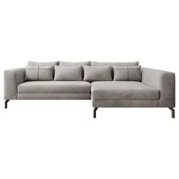 Ecksofa Inosign "Cross, mit softem Sitz, L-Form, wendbare Zierkissen, Breite 284 cm" Sofas Gr. B/H/T: 284cm x 82cm x 172cm, Feincord, Ottomane rechts, grau (opal grau) Couch mit vielen Kissen, stylische Kreuznaht, elegante Metallfüße