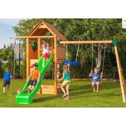 Fungoo Spielturm 'Fortress Move+' teak mit Rutsche, Kletterwand, Leiter, Holzdach und Doppelschaukel