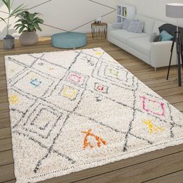 Paco Home - Hochflor Teppich Shaggy Wohnzimmer Skandi Rauten Muster Langflor Beige Gelb Rot 60x100 cm