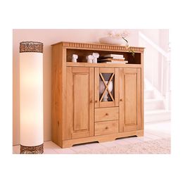 Highboard Home Affaire "Lisa", beige (natur gebeizt, gewachst), B:130cm H:125cm T:35cm, Massivholz, Sideboards, Stauraumschrank aus massivem Kiefernholz, mit dekorativen Fräsungen