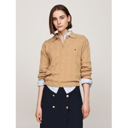 Polokragenpullover Tommy Hilfiger "SOFT WOOL CABLE POLO SWEATER" Gr. XXXL (46), grün (classic khaki) Damen Pullover mit Kragen & Knopfleiste, Zopfmuster allover