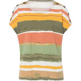Damen Rundhalsshirt mit Zierkn&ouml;pfen khaki-ecru-bedruckt, Gr&ouml;&szlig;e 46