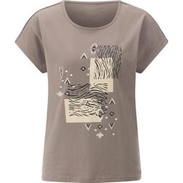 Damen Rundhalsshirt im Ethno-Stil taupe-schwarz-bedruckt, Gr&ouml;&szlig;e 38