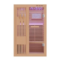 Dewello Finnische Sauna MINTO 120x120 Kabine aus Hemlock Tannenholz mit 3,5 kW Harvia Ofen, inkl Sauna Set