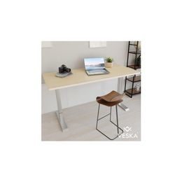 VESKA Höhenverstellbarer Schreibtisch (140 x 70 cm) - Sitz- & Stehpult - Bürotisch Elektrisch Höhenverstellbar mit Touchscreen & Stahlfüßen - Silber/Bambus