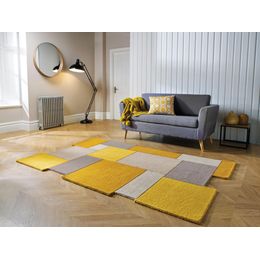 Wollteppich FLAIR RUGS "Abstract Collage" Teppiche Gr. B: 120cm, 11mm, L: 180cm, gelb (ocker) 100% Wolle, Karo Design, Patchwork, modern, mehrfarbig