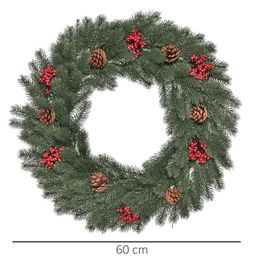 HOMCOM Tannenkranz Türkranz Weihnachtskranz Rückseite mit aufhänge Öse PE Grün Ø60 x 8 cm