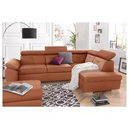 Ecksofa exxpo - SOFA FASHION "Spring, super bequem und komfortabel mit Armteil- und Kopfteilfunktion", braun (cognac), B:274cm H:81cm T:206cm, NaturLEDER (echtes Rindsleder) in Sitz und Rücken. Korpus in passendem Kunstleder SOFTLUX bezogen, Luxus-Microfaser (100% Polyester), Struktur ( 100% Polyester), Sofas, wahlweise mit Bettfunktion und Bettkasten, L-Form