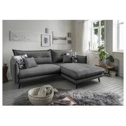 Ecksofa Inosign "Lazio" Sofas Gr. B/H/T: 255cm x 94cm x 180cm, Veloursstoff, Recamiere rechts, grau (asche, zierkissen blumenmuster) zwei verschiedene Fußfarben wählbar