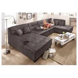 Wohnlandschaft Home Affaire "Bergen U-Form" Sofas Gr. B/H/T: 364cm x 83cm x 106cm, Microfaser PRIMABELLE, Ottomane rechts, ohne Bettfunktion, grau wahlweise mit Bettfunktion