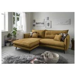 Ecksofa Inosign "Lazio" Sofas Gr. B/H/T: 255cm x 94cm x 180cm, Veloursstoff, Recamiere links, gelb (gelb, zierkissen blumenmuster) zwei verschiedene Fußfarben wählbar