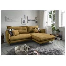 Ecksofa Inosign "Lazio" Sofas Gr. B/H/T: 255cm x 94cm x 180cm, Veloursstoff, Recamiere rechts, gelb (gelb, zierkissen blumenmuster) zwei verschiedene Fußfarben wählbar