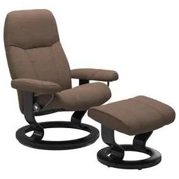 Relaxsessel stressless "Consul" Sessel Gr. ROHLEDER Stoff Q2 FARON, Classic Base Schwarz, PlusTMSystem-Gleitsystem-Relaxfunktion-Drehfunktion-Kopfstützenverstellung-Rückteilverstellung, B/H/T: 85cm x 100cm x 77cm, braun (dark beige q2 faron) mit Hocker, Classic Base, Größe L, Gestell Schwarz