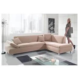 Ecksofa Max Winzer "Paris modern und elegant, komfortabler Sitzkomfort, Metallfüße" Sofas Gr. B/H/T: 272cm x 75cm x 190cm, Struktur, Ottomane rechts, beige (sand) mit Armlehnenverstellung, Ottomane wahlweise links oder rechts